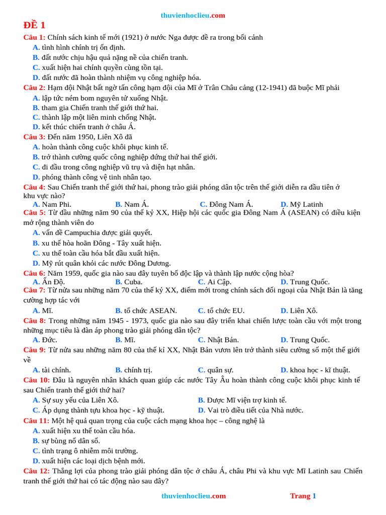 Thuvienhoclieu.com 10 de on Thi TN THPT Mon Lich 2024 | PDF