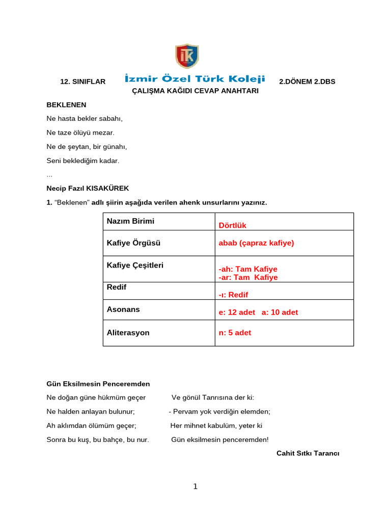Siniflar 2. Donem 2.DBS Calisma Kagidi-Yanitlar (1) (1) 24-2 | PDF