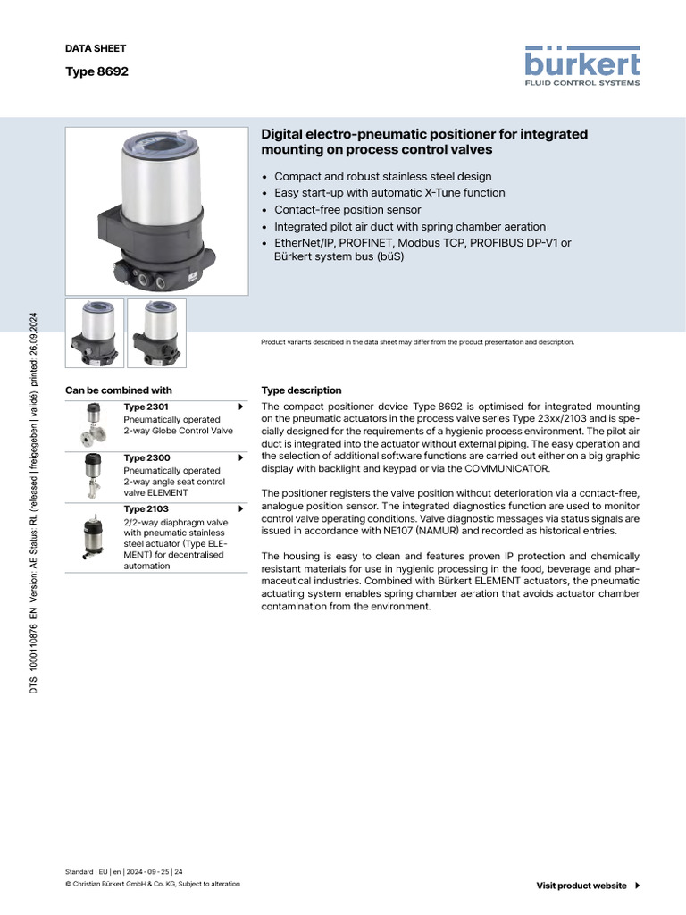 Burkert 8692 Positioner Data Sheet | PDF | Valve | Actuator