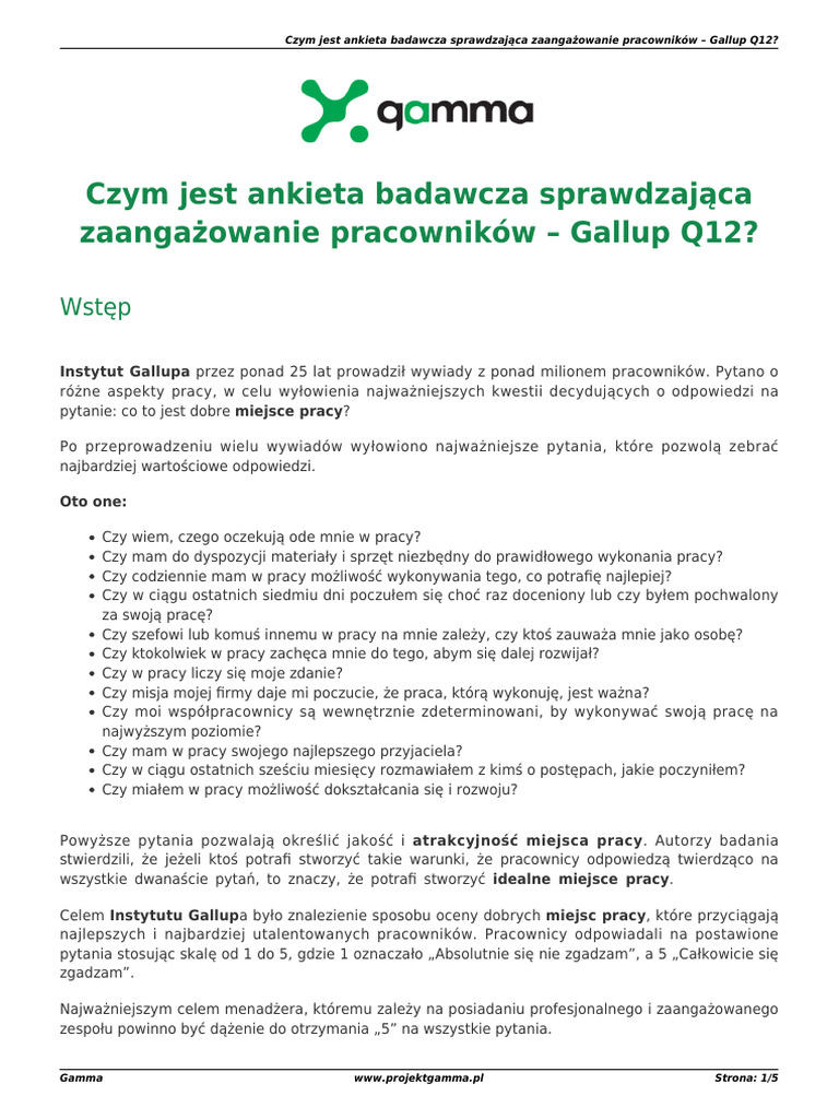 GammaWiki+czym Jest Ankieta Badawcza Sprawdzajaca Zaangazowanie Pracownikow Gallup q12 | PDF