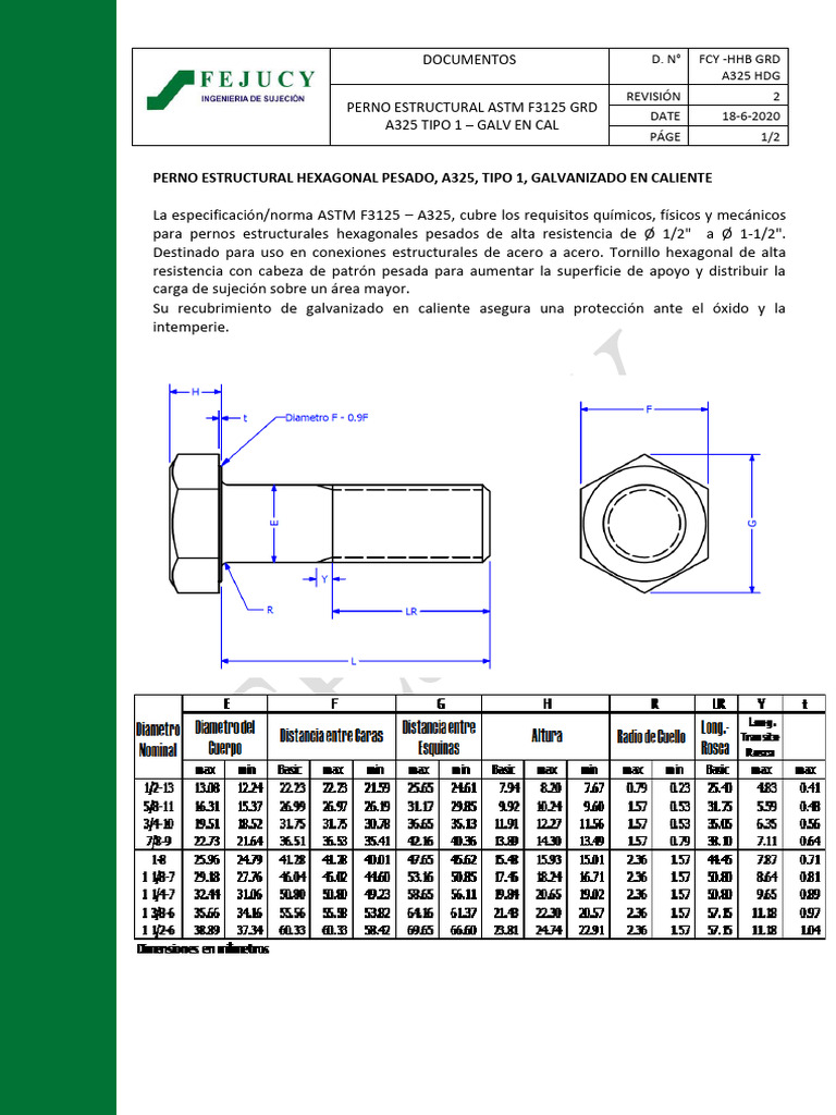 Fejucy Ficha Tecnica Perno Estructural A325 Galv en Cal | PDF
