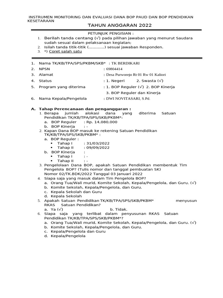Instrumen Monev BOP 2022 BDK | PDF