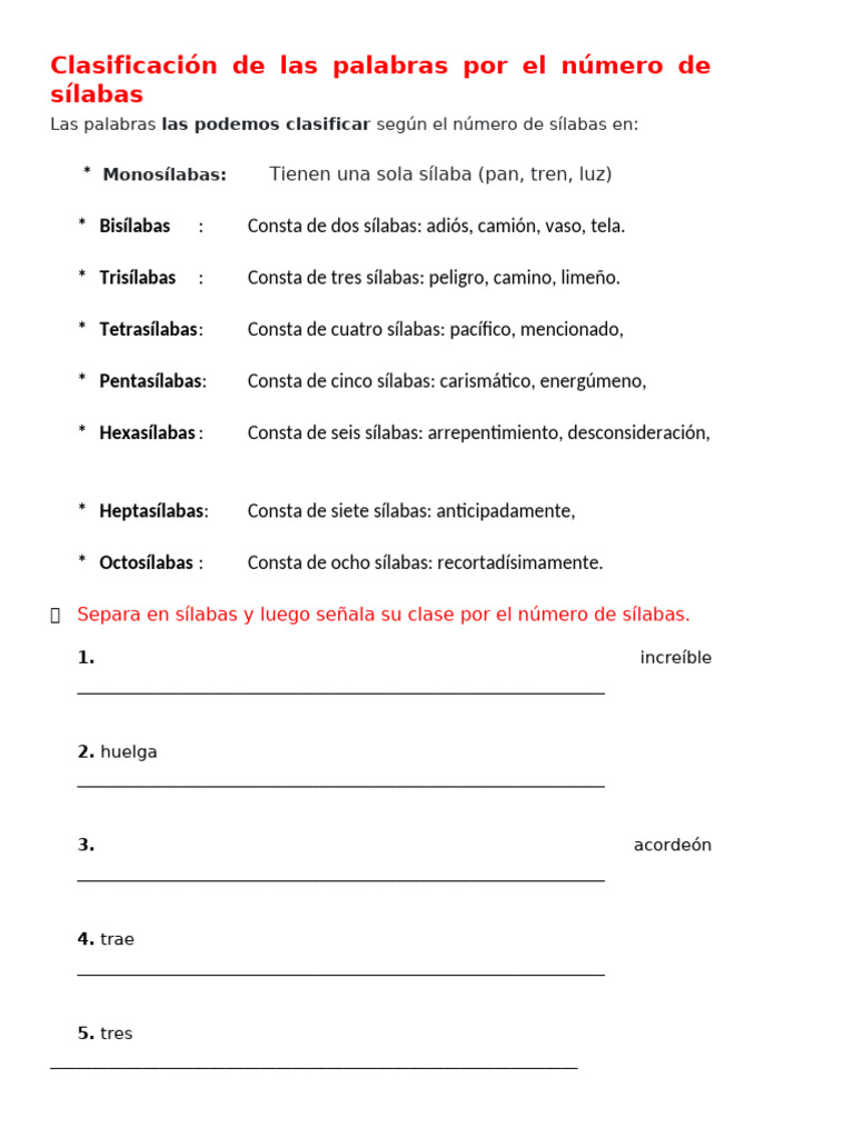 Clasificación y ejercicios de sílabas | PDF