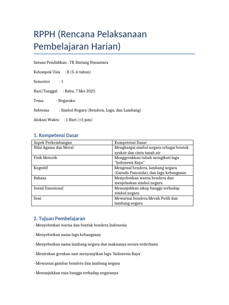RPPH Tema Negaraku untuk TK B | PDF