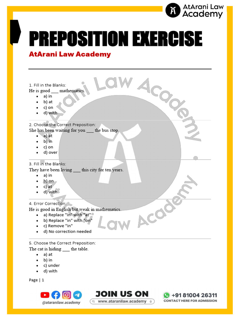 Preposition Exercise 01 - Atarani Law Academy | PDF