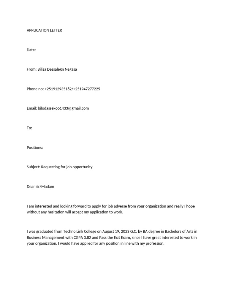 Job Application from Bilisa Dessalegn Negasa | PDF
