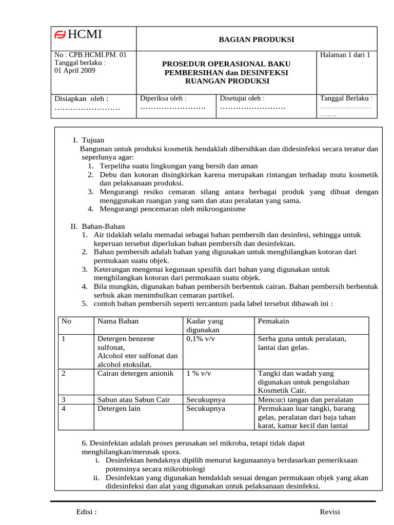 Protab Pembersihan Dan Desinfeksi Ruangan Produksi | PDF