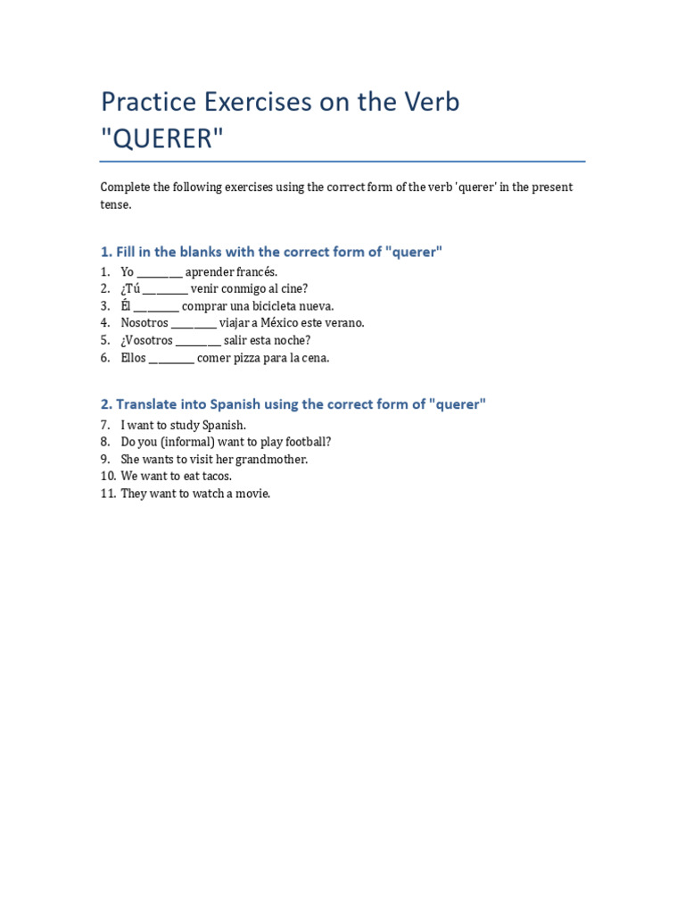 Exercises on the Verb "Querer" | PDF