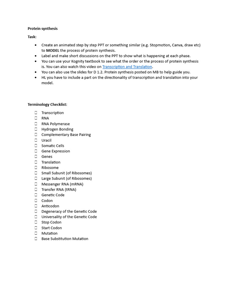 Protein Synthesis Project Pdf