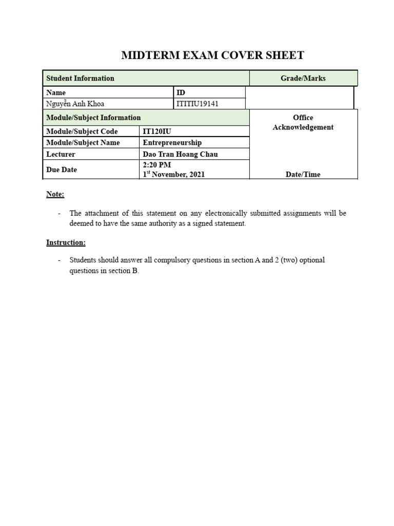 Midterm Exam Cover Sheet for IT120IU | PDF