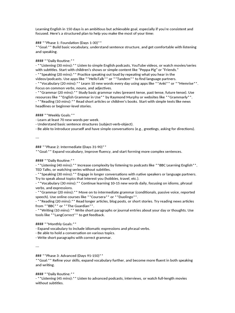 150-Day English Learning Plan | PDF | Perfect (Grammar) | Adverb