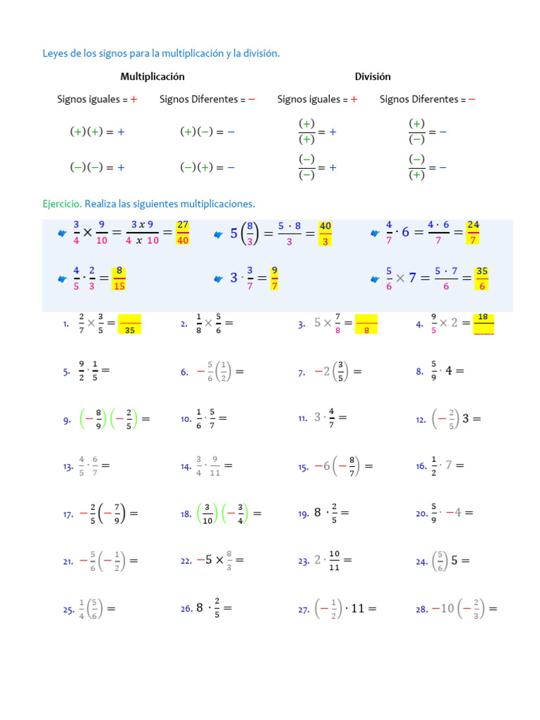Leyes de Los Signos y Multiplicación de Fracciones | PDF