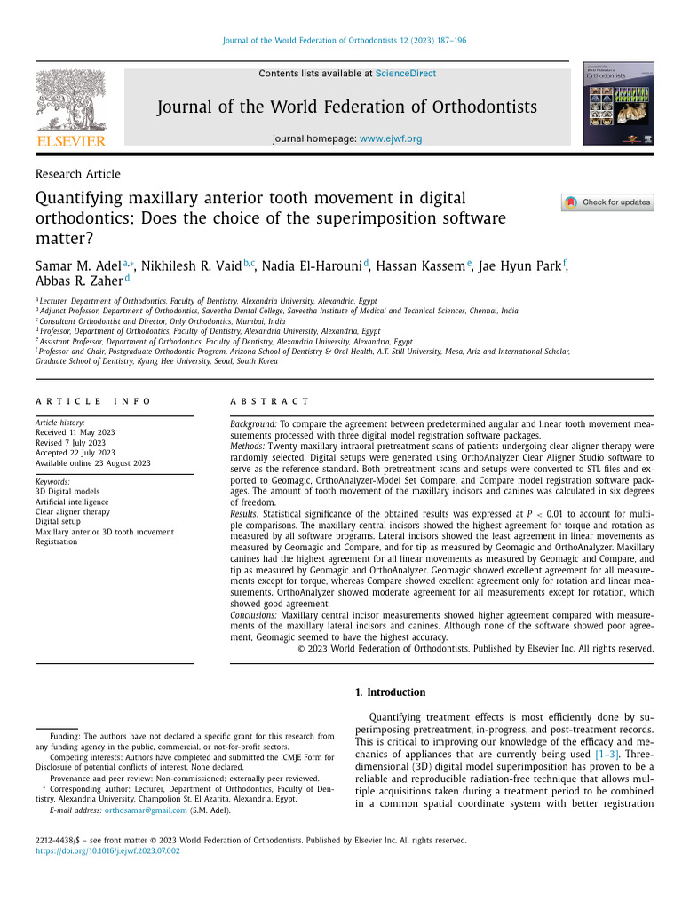 2023 - Adel - World Fed Orthod | PDF | Dental Anatomy | Dentistry Branches