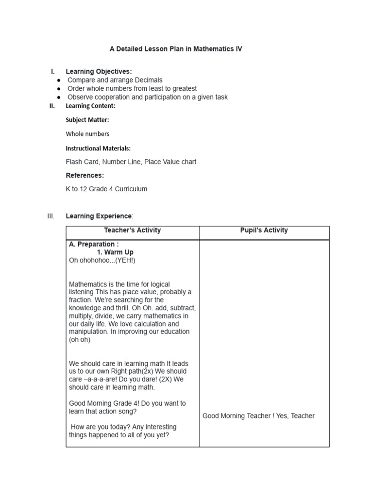 Grade 4 Math Lesson Plan: Whole Numbers | PDF | Mathematics | Teachers