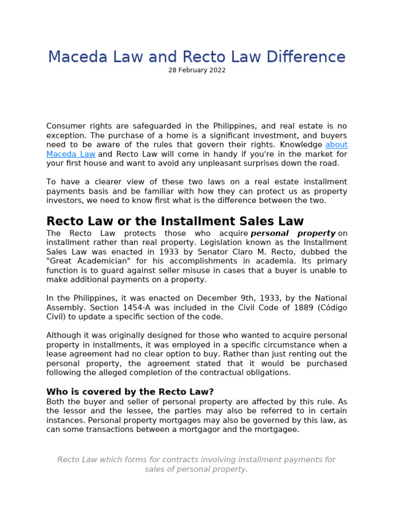 Maceda Law and Recto Law Difference | PDF | Loans | Payments