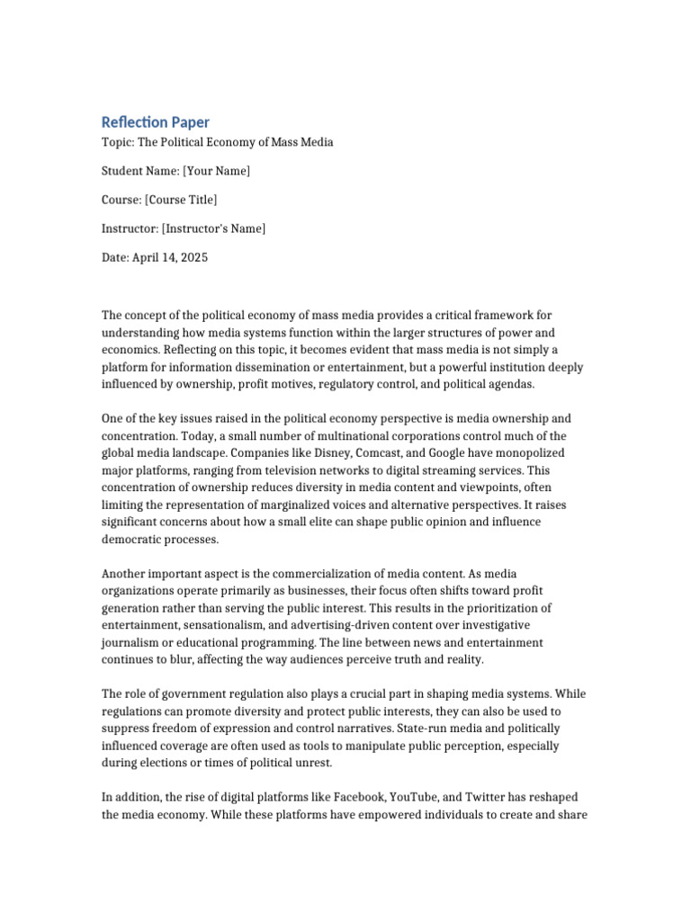 Reflection Paper Political Economy Mass Media | PDF | Mass Media ...