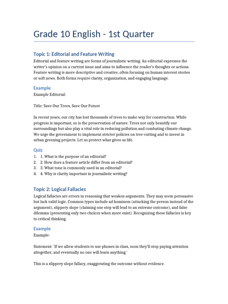 Grade 10 English 1st Quarter Complete | PDF | Fallacy | Argument