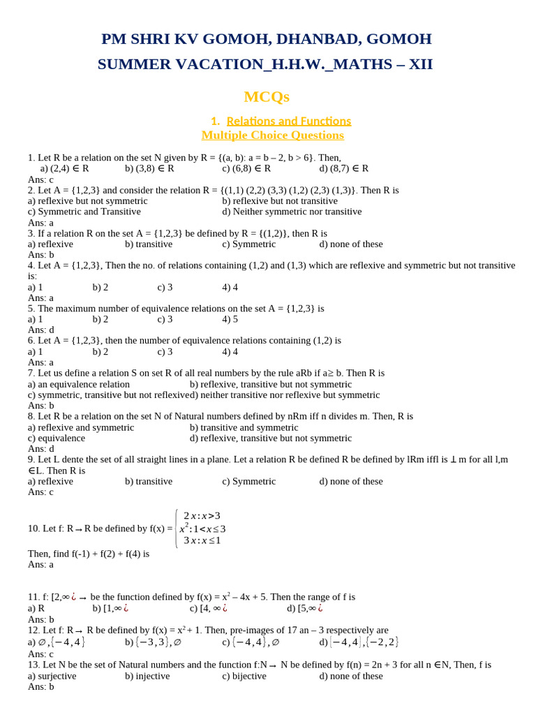 Summer Vacations HHW XII Maths 2025-26 | PDF | Mathematical Relations | Functions And Mappings