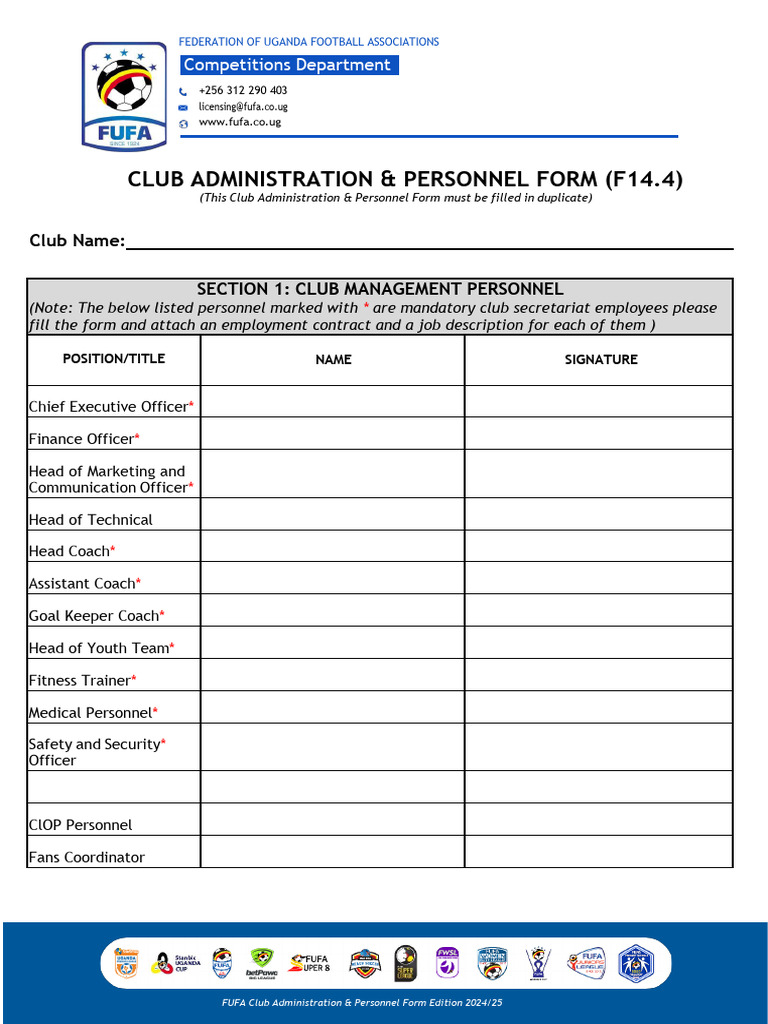 FUFA Club Administration & Personnel Form F-14.4 | PDF