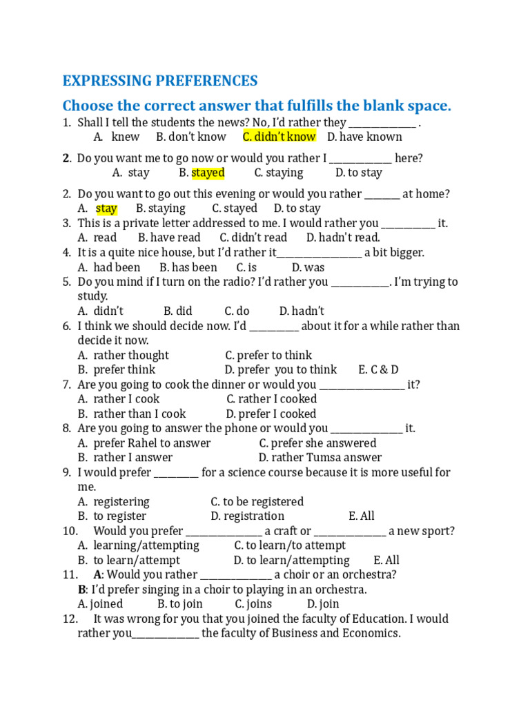 Preference and Phrasal Verb Exercises | PDF