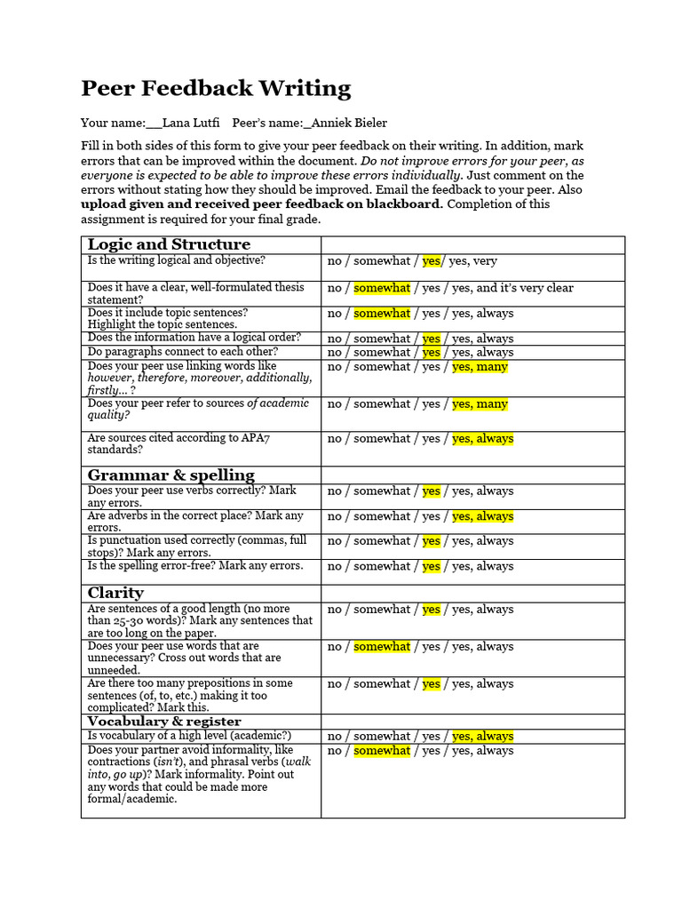 Peer Feedback Writing Academic Writing 1 - Anniek | PDF | Sentence ...