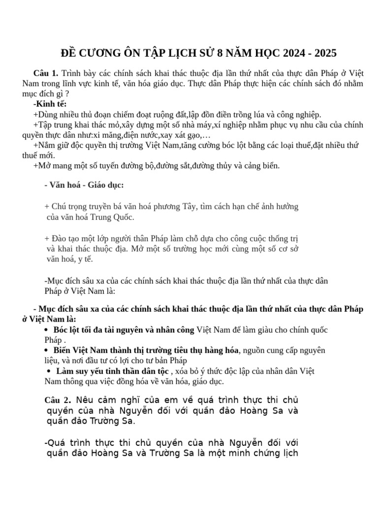ĐỀ CƯƠNG ÔN TẬP LỊCH SỬ 8 NĂM HỌC 2024 Ghaan=) ) ) | PDF