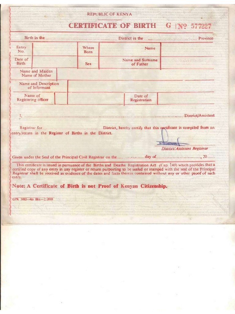 Kenyan Birth Certificate - Page 0001 | PDF