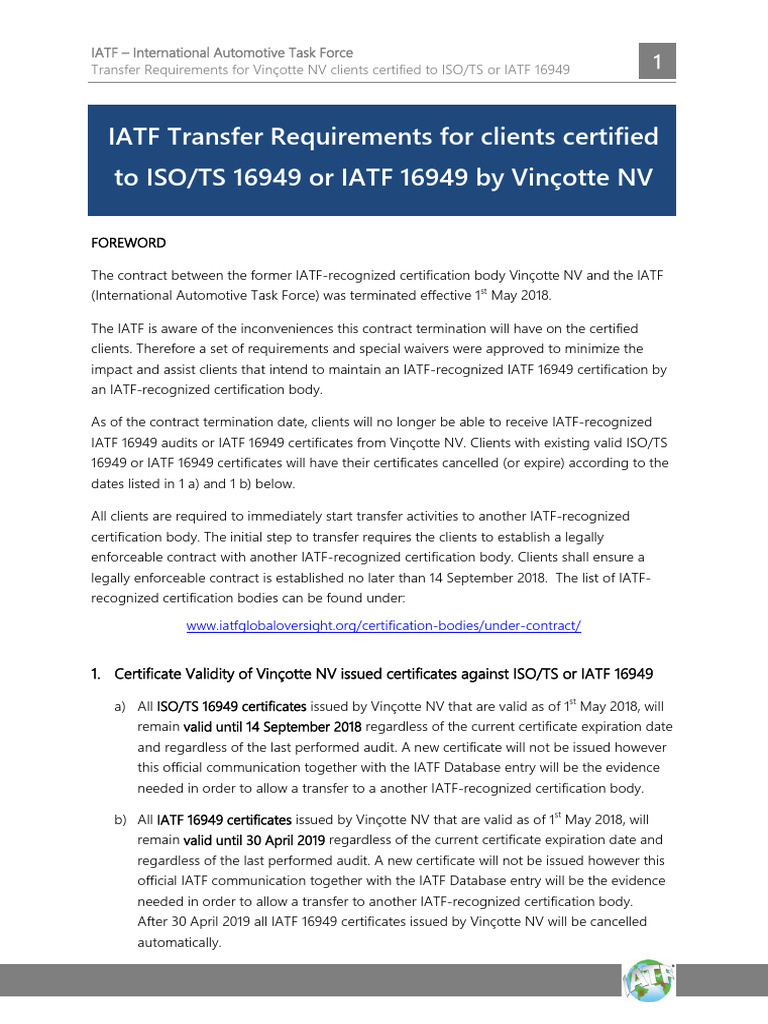 Vinçotte NV IATF Transfer Guidelines | PDF | Audit | Certification