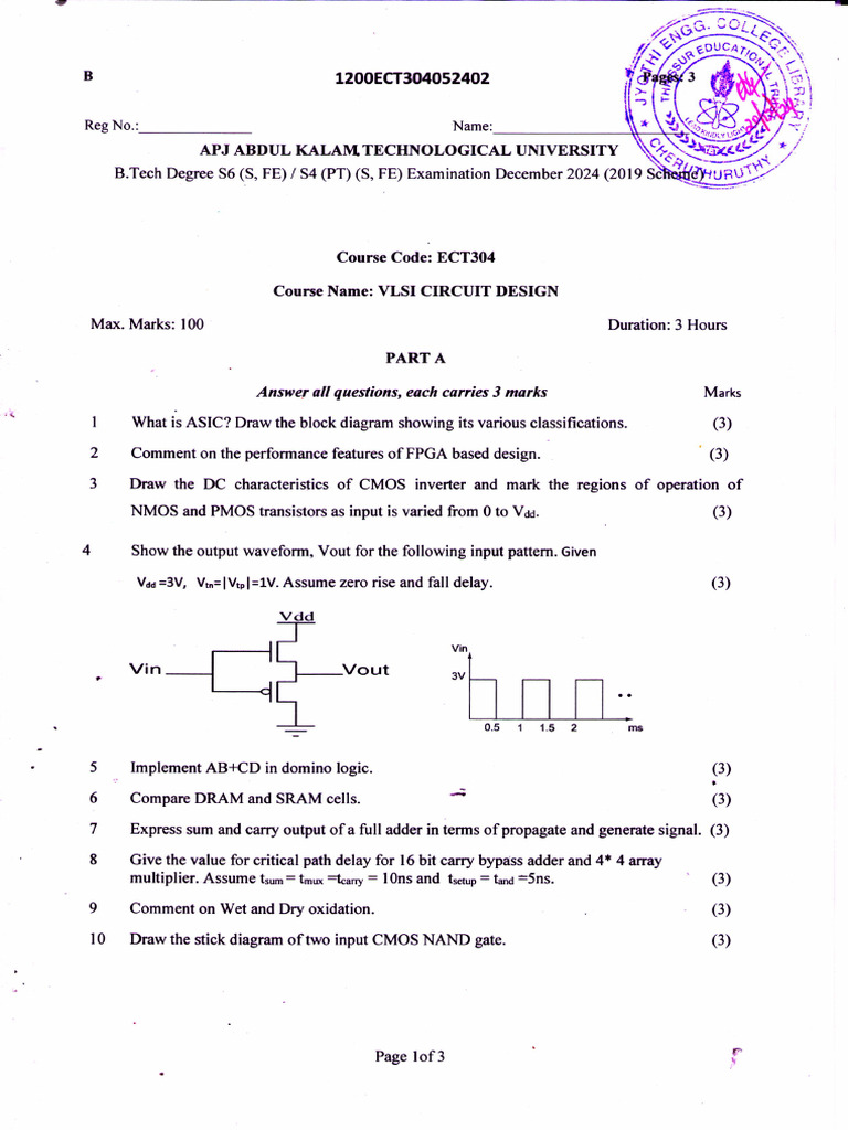 ECT304 VLSI Circuit Design Exam 2024 | PDF | Cmos | Logic Gate