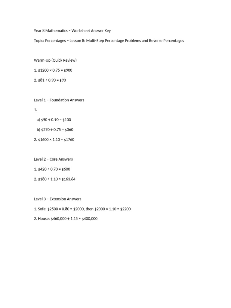 Year8 Lesson8 Percentages AnswerKey | PDF