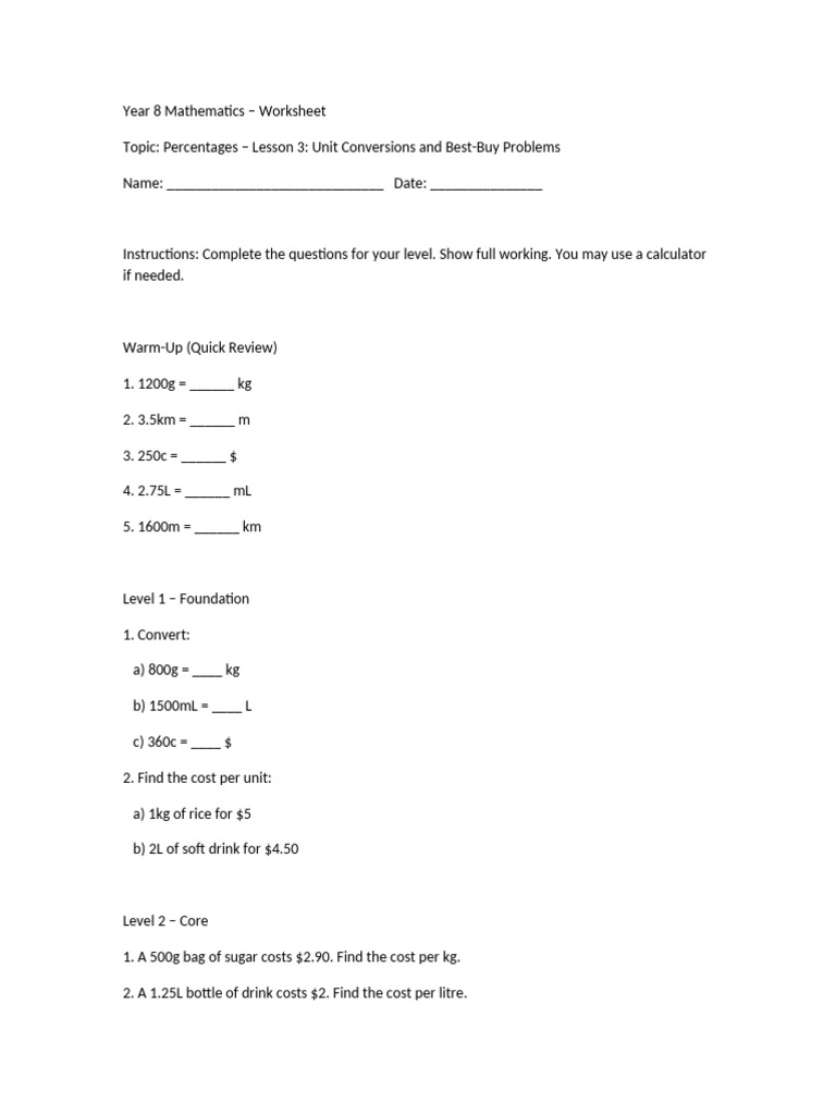 Year8 Lesson3 Percentages Worksheet | PDF