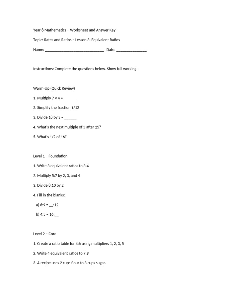 Year 8 Ratio Worksheet & Answers | PDF