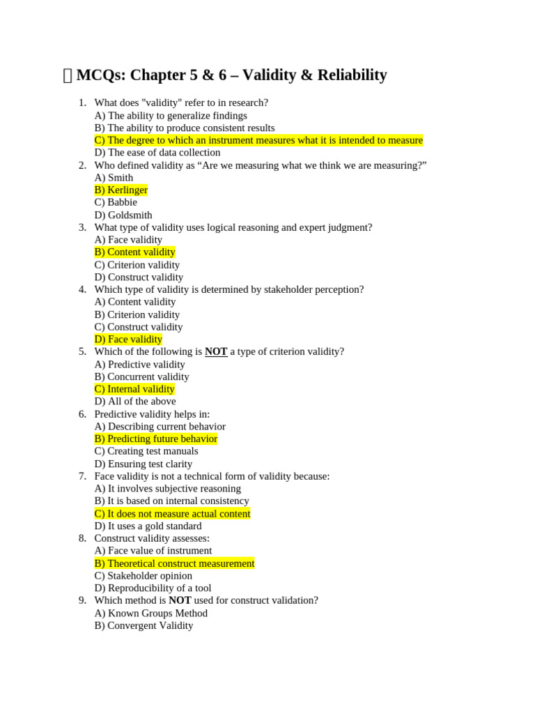 Validity & Reliability MCQ Review | PDF | Validity (Statistics ...