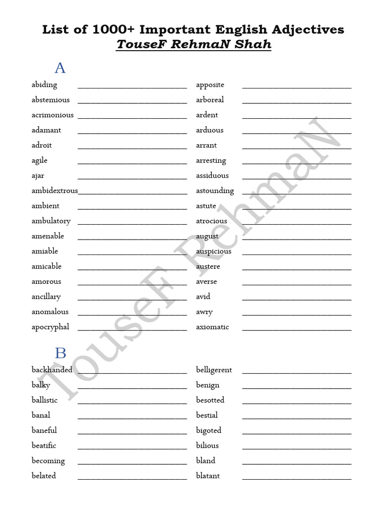 List of 1000+ Important English Adjectives | PDF