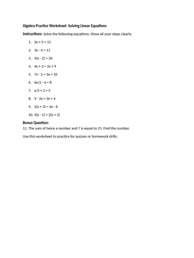 Algebra Practice Worksheet | PDF