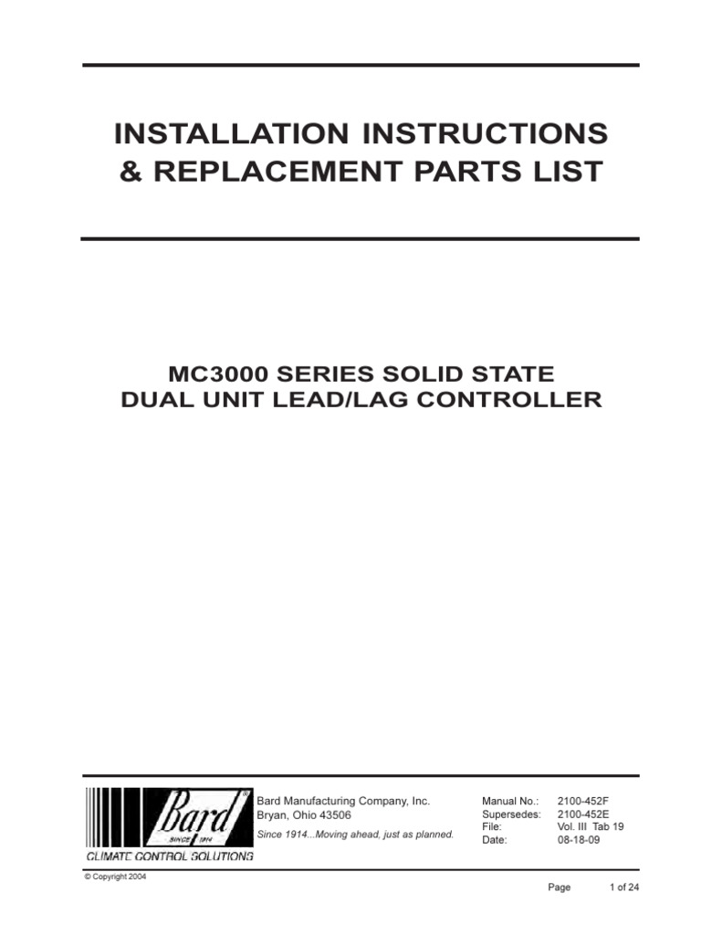 Bard MC3000 Installation - Parts | PDF | Air Conditioning | Relay
