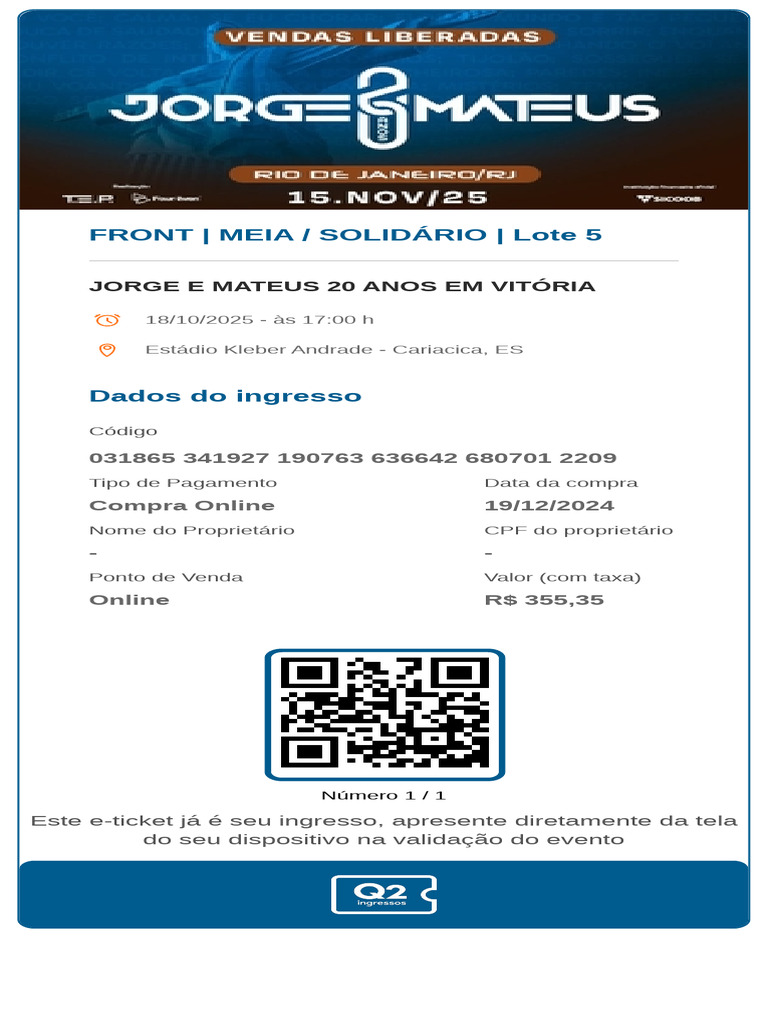 Ingresso Jorge e Mateus | PDF