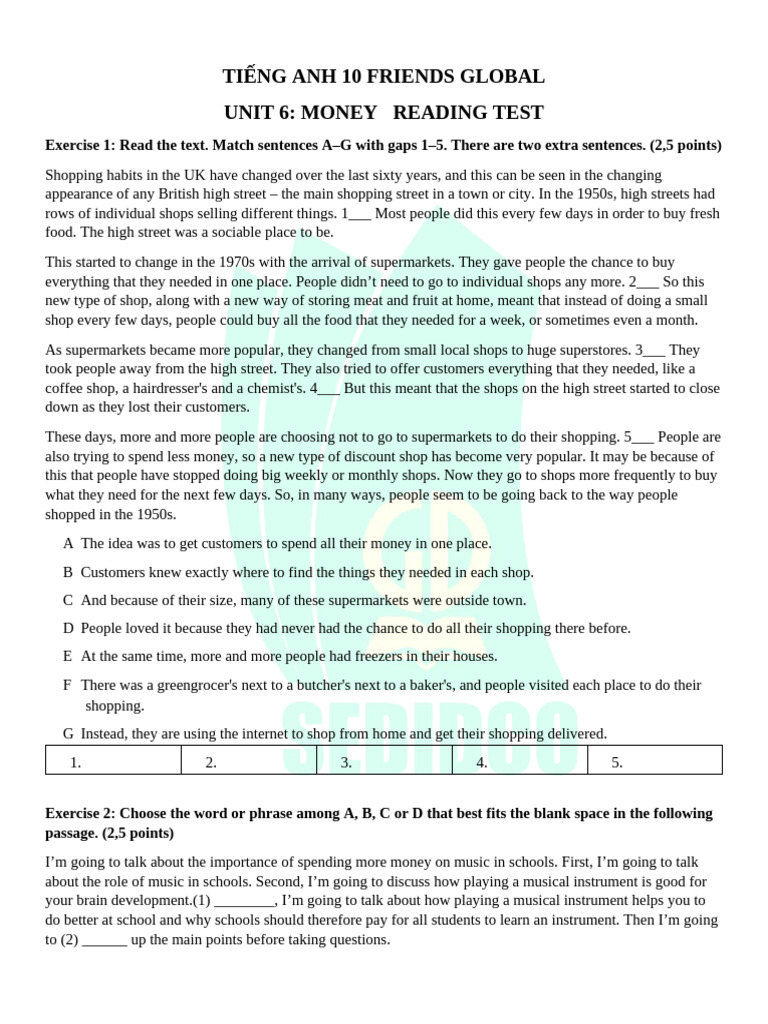 Friends Global 10 - Unit 6 - Reading Test | PDF | Supermarket