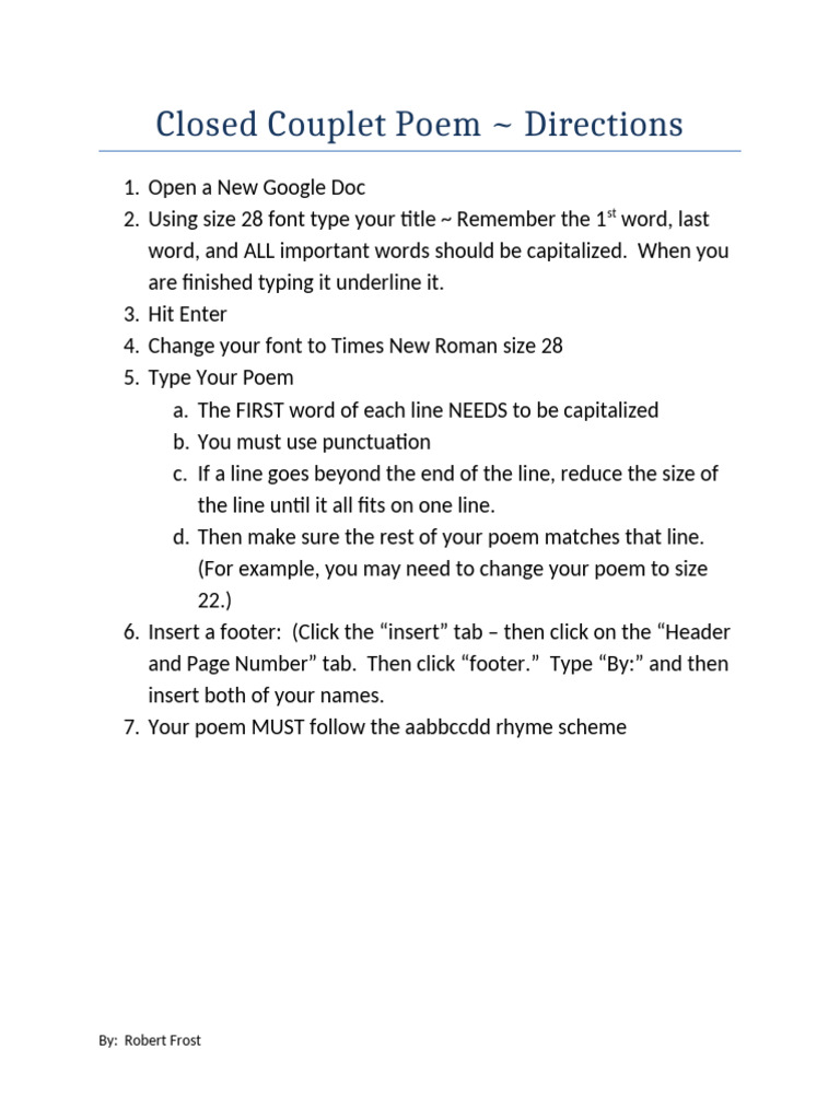 Closed Couplet Poem Directions Docs | PDF