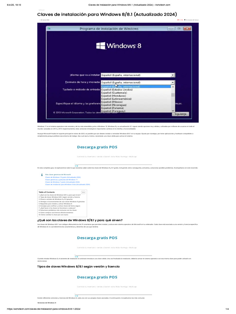 Claves de instalación para Windows 8_8.1 (Actualizado 2024) - Achotech.com | PDF | Microsoft ...