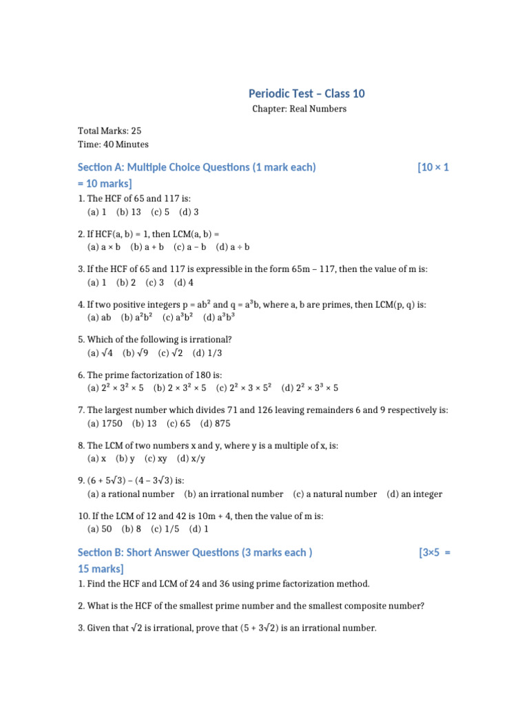 Real Numbers Test | PDF