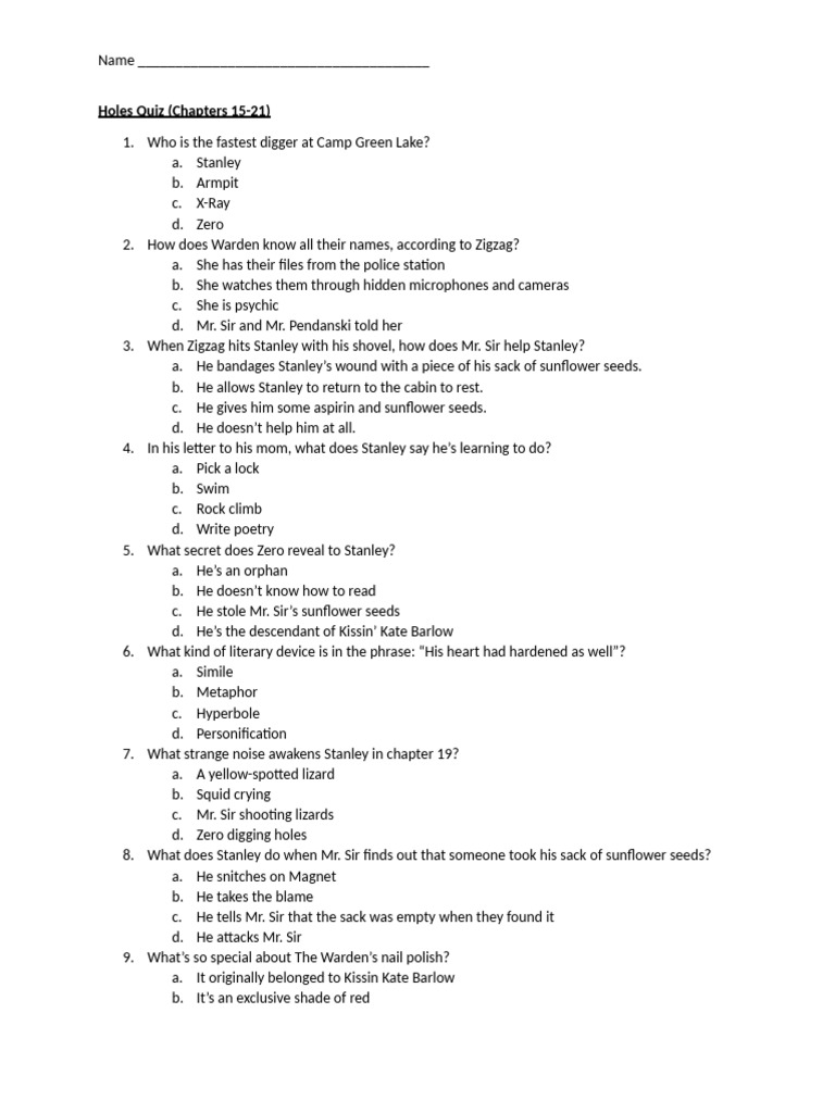 Holes Quiz Chapters 15-21 | PDF