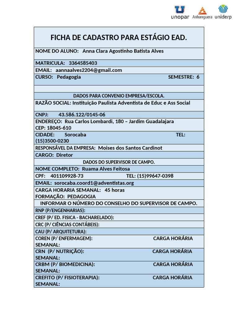 Ficha de Cadastro para Estágio Ead | PDF