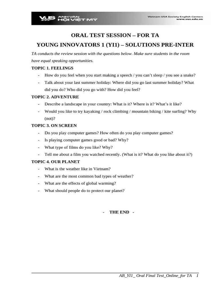 AB - YI1 - Online - Oral Final Test - TA For Review | PDF