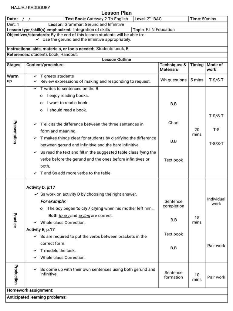 Gerunds and Infinitives Lesson Plan | PDF | Books | Sentence (Linguistics)