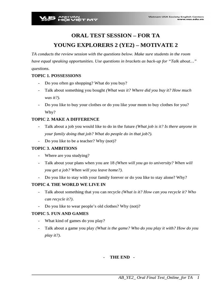 AB - YE2 - Online - Oral Final Test - TA For Review | PDF