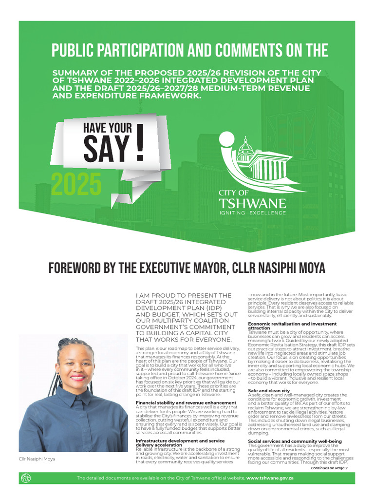 Tshwane Draft IDP 2025/26 Overview | PDF | Infrastructure | Governance