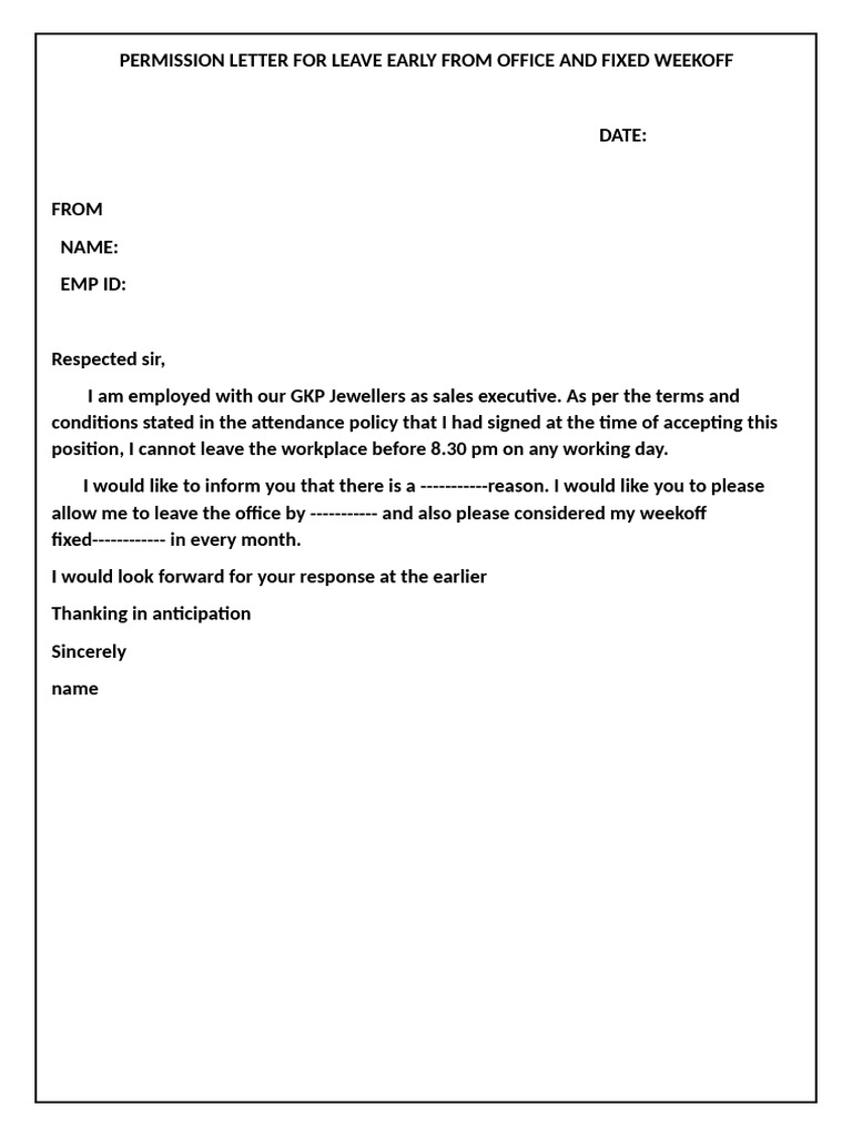 Early Leave Permission Request Letter | PDF