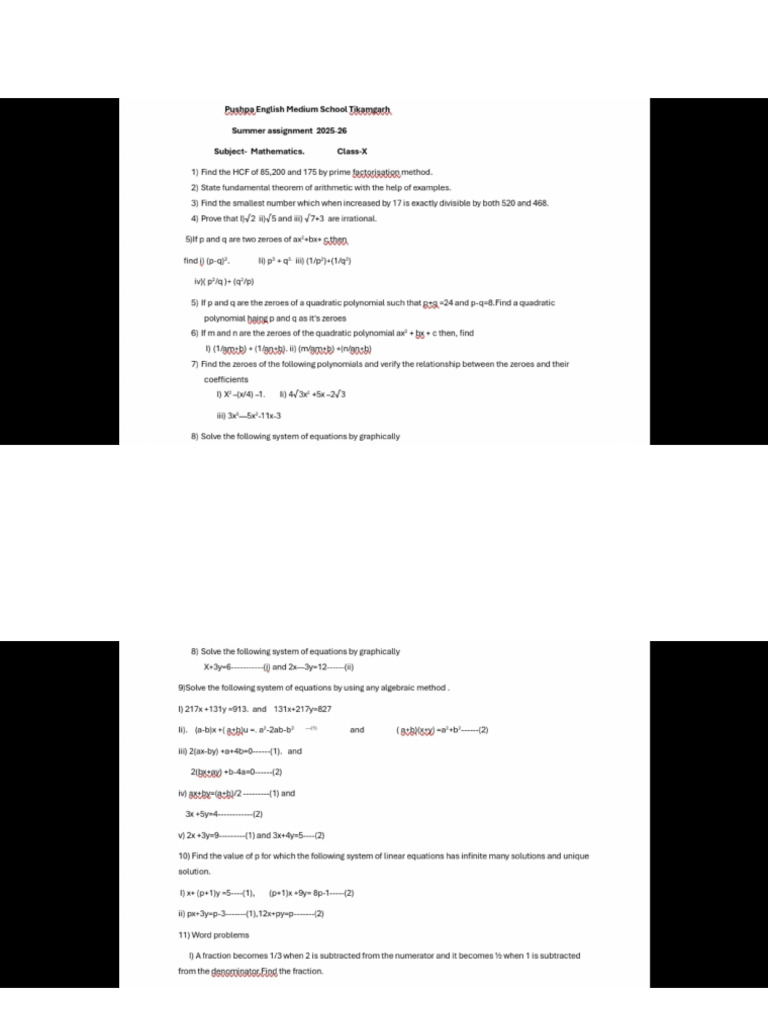 Summer Assignment, Class X, Maths. | PDF