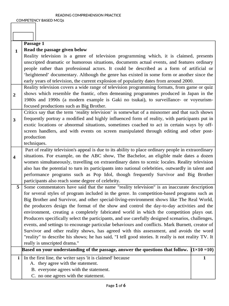Reading Comprehension MCQs Practice | PDF | Reality Television | Tiger